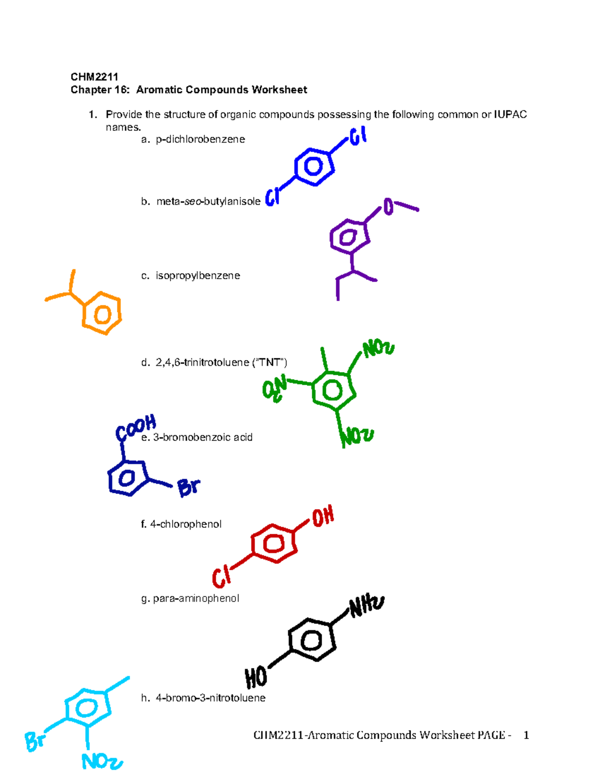 CHM2211 Chapter 16 Aromatic Compounds Worksheet Solutions - Studocu
