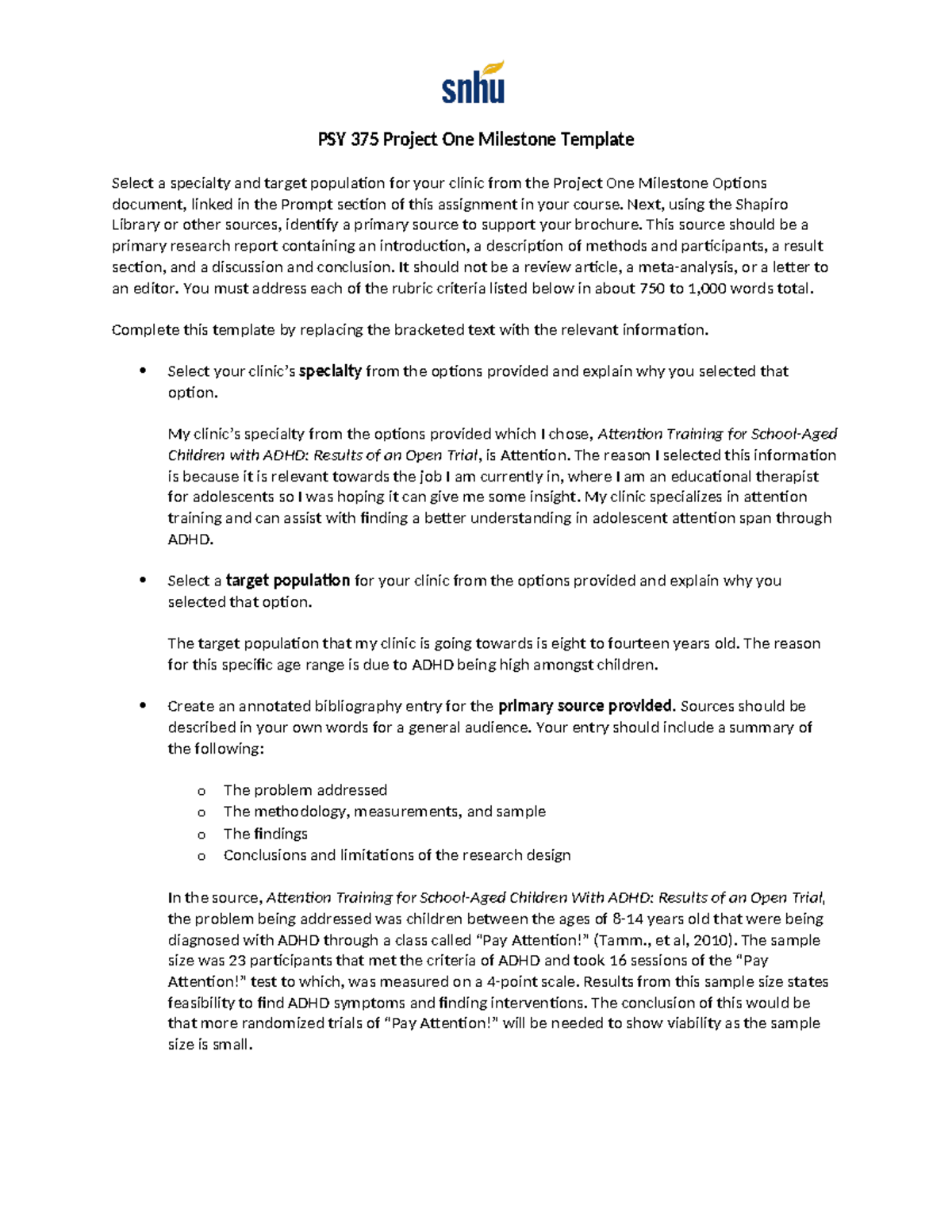 PSY 375 Project One Milestone: Attention Training for ADHD - Studocu