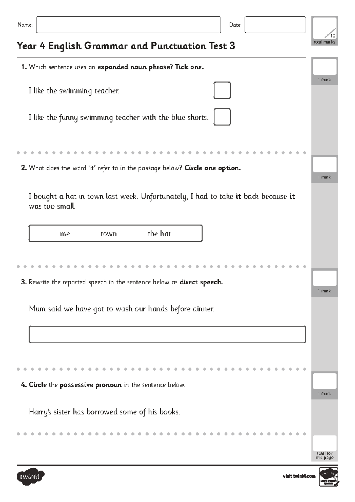 Year 4 English Grammar & Punctuation Test 3 - Studocu