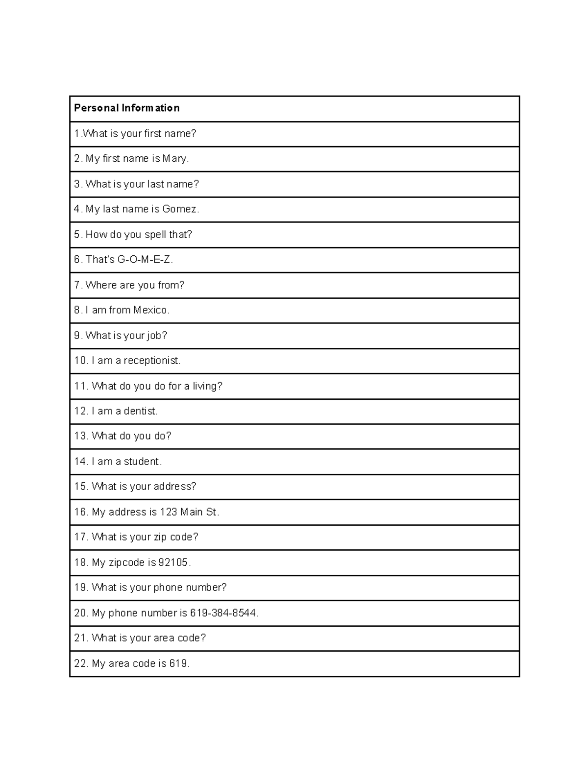 Personal+Information - My first name is Mary. 3. What is your last name ...