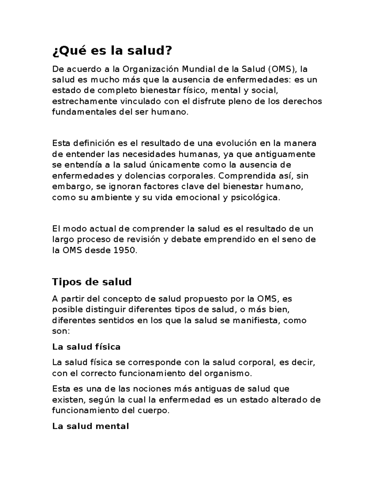Salud: Definición y Tipos según la OMS - Conceptos Clave - Studocu