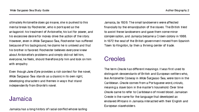 Wide Sargasso Sea Study Guide: Author Biography & Plot Analysis - Studocu