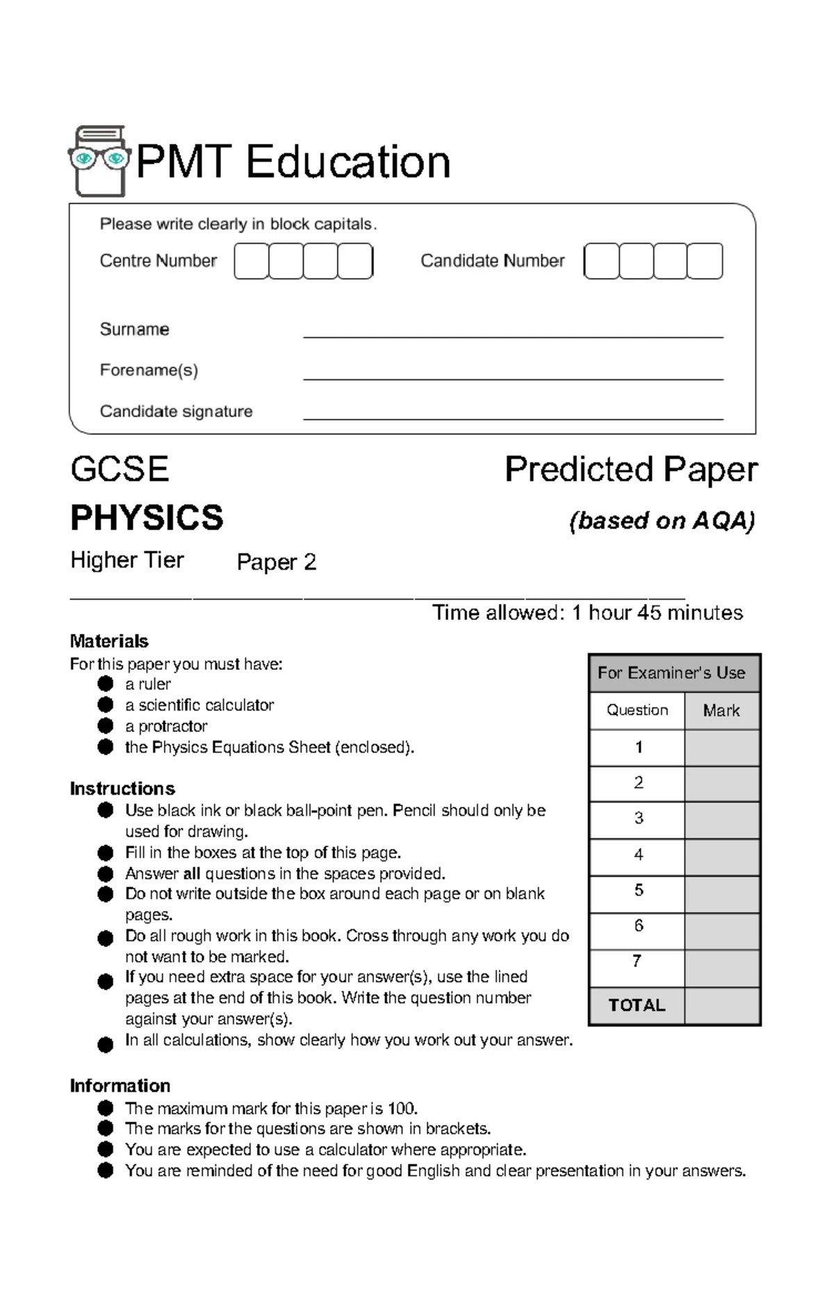PMT GCSE Maths Practice Paper 2025 - Higher Tier (PAPER 1) - Studocu