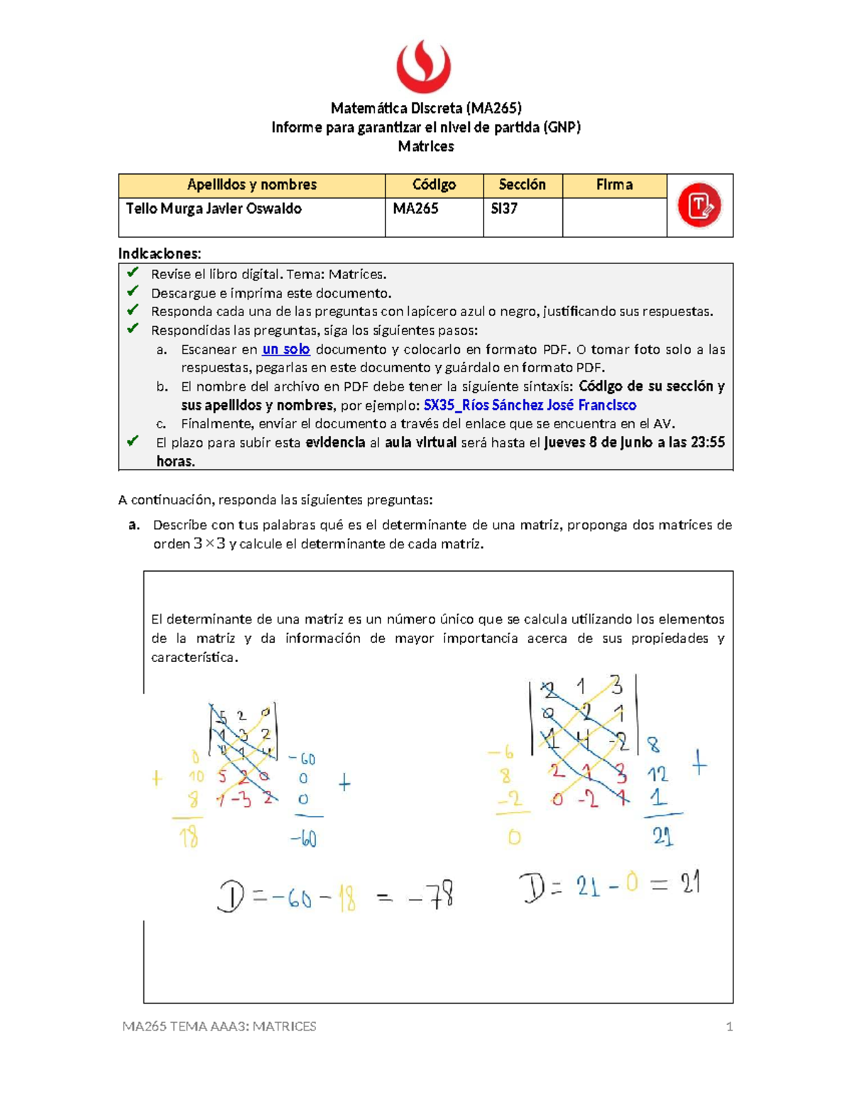Informe GNP sobre Matrices (MA265) - Tello Murga Javier Oswaldo - Studocu