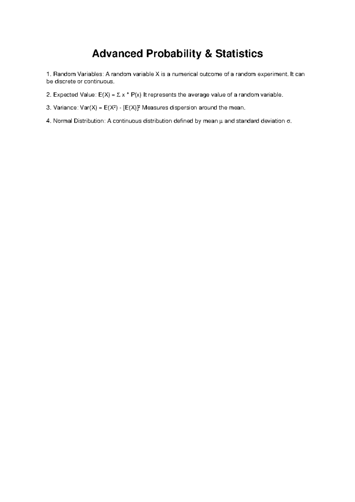 Advanced Probability Statistics 1: Exercises on Random Variables and ...