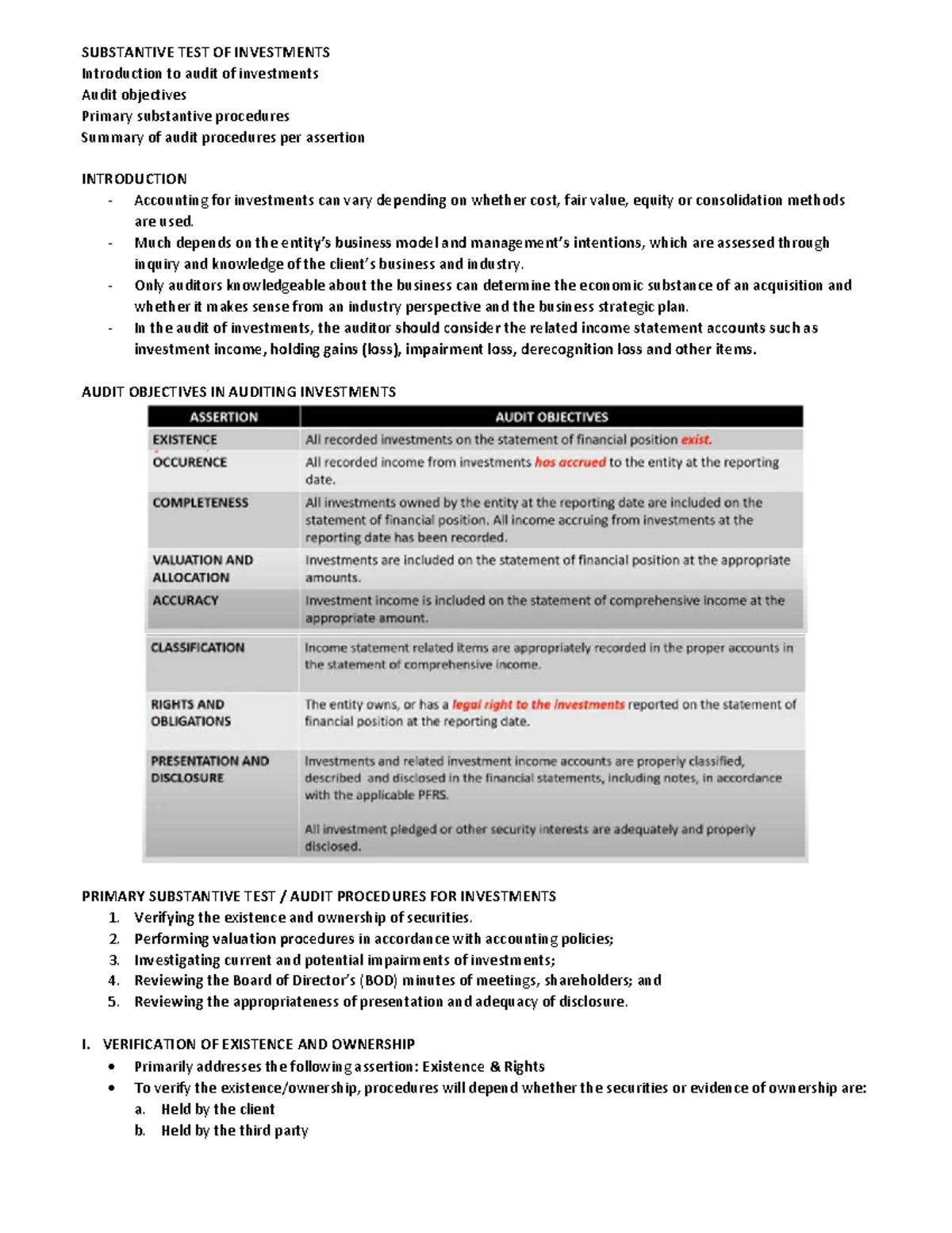 Substantive Test of Investments: Audit Procedures & Objectives - Studocu
