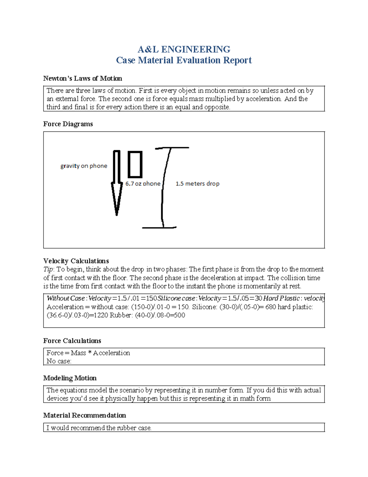 PHY 150 Project Two Case Material Evaluation Report Template - A&L ENGINEERING Case Material ...