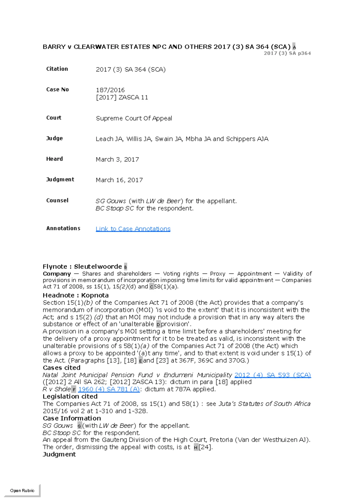 Barry v Clearwater Estates NPC: Proxy Appointment Validity (2017) - Studocu