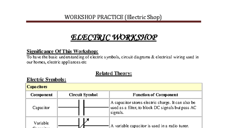 Electric Workshop Practice: Understanding Circuits & Components - Studocu