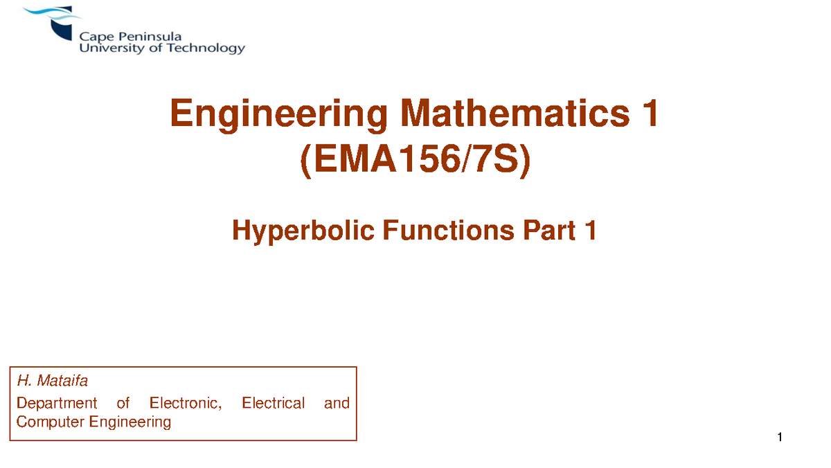 EMA156S Hyperbolic Functions: Definitions, Properties & Sketches - Studocu