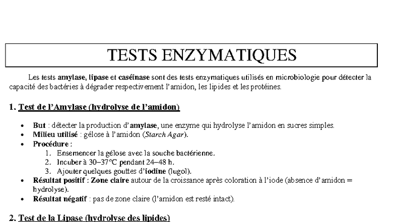 Tests Enzymatiques en Microbiologie : Amylase, Lipase, Caséinase - Studocu