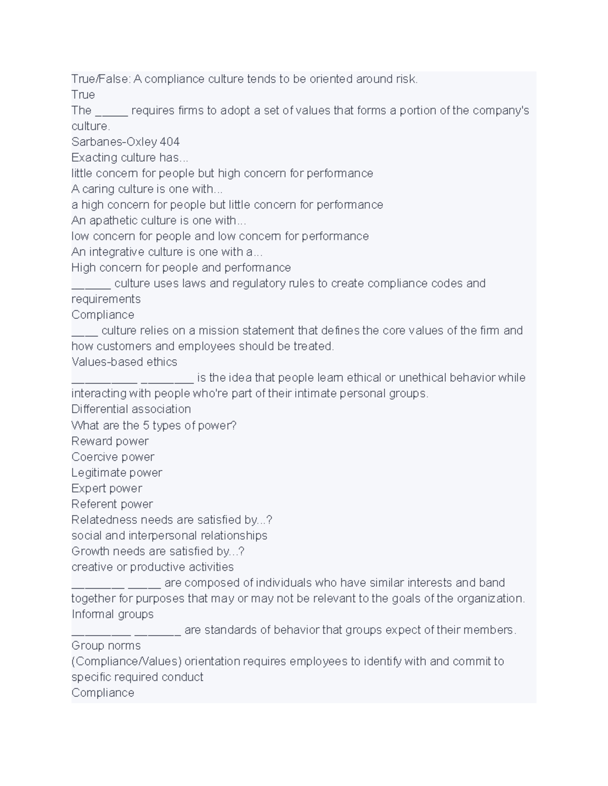 busi 472 lecture notes - True/False: A compliance culture tends to be ...