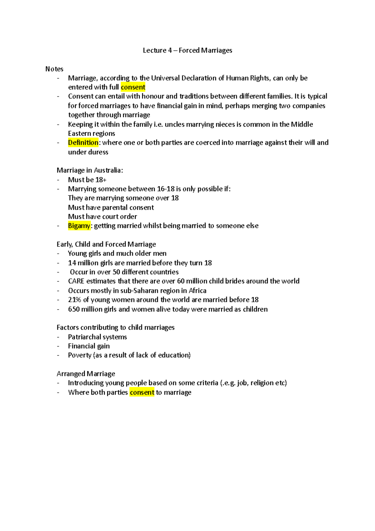 Lecture 4 Forced Marriage - Lecture 4 – Forced Marriages Notes ...