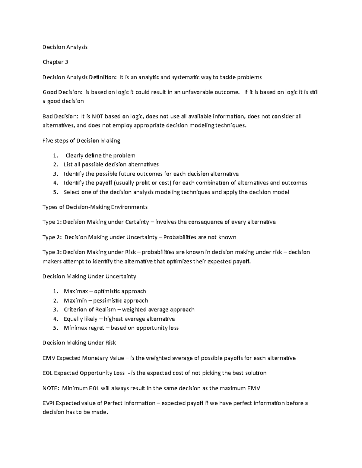 Decision Analysis Notes - Chapter 3 Overview and Key Concepts - Studocu