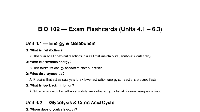 BIO 102 Exam Flashcards: Energy Metabolism & Genetics Units 4-6 - Studocu