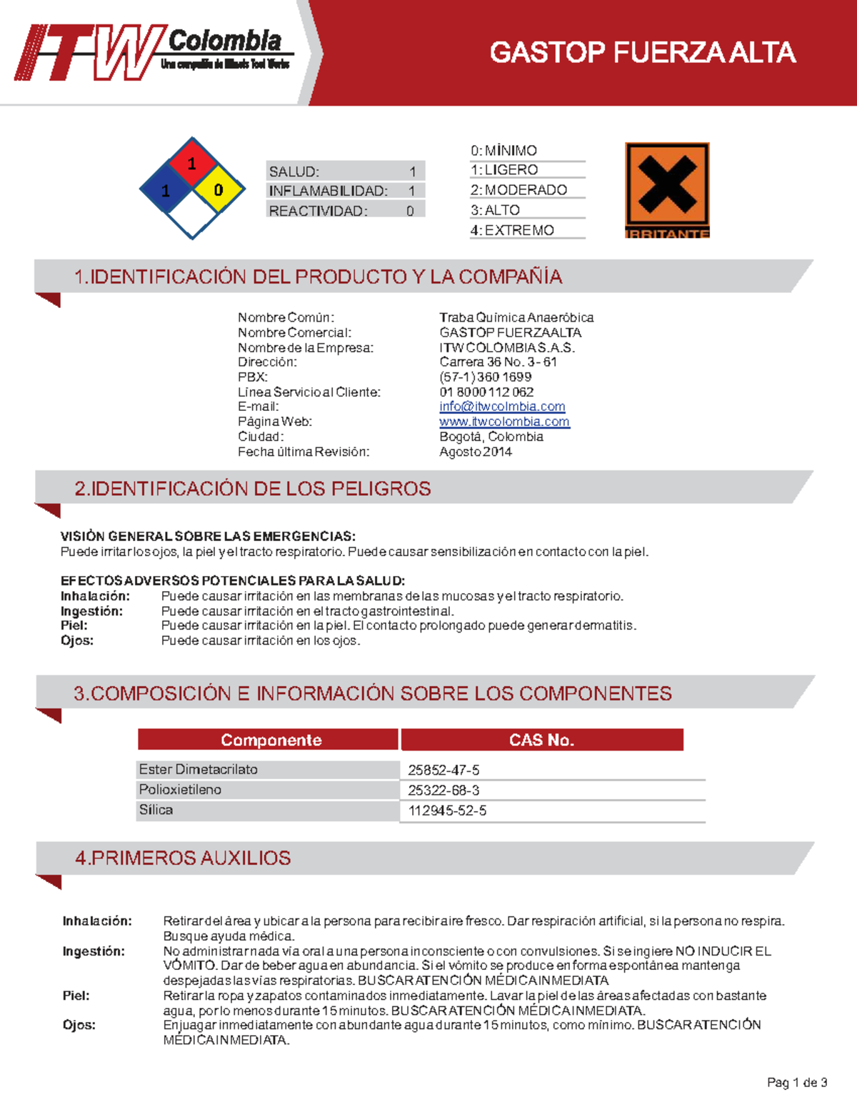 GASTOP FUERZA ALTA: Ficha de Seguridad y Manejo Químico - Studocu