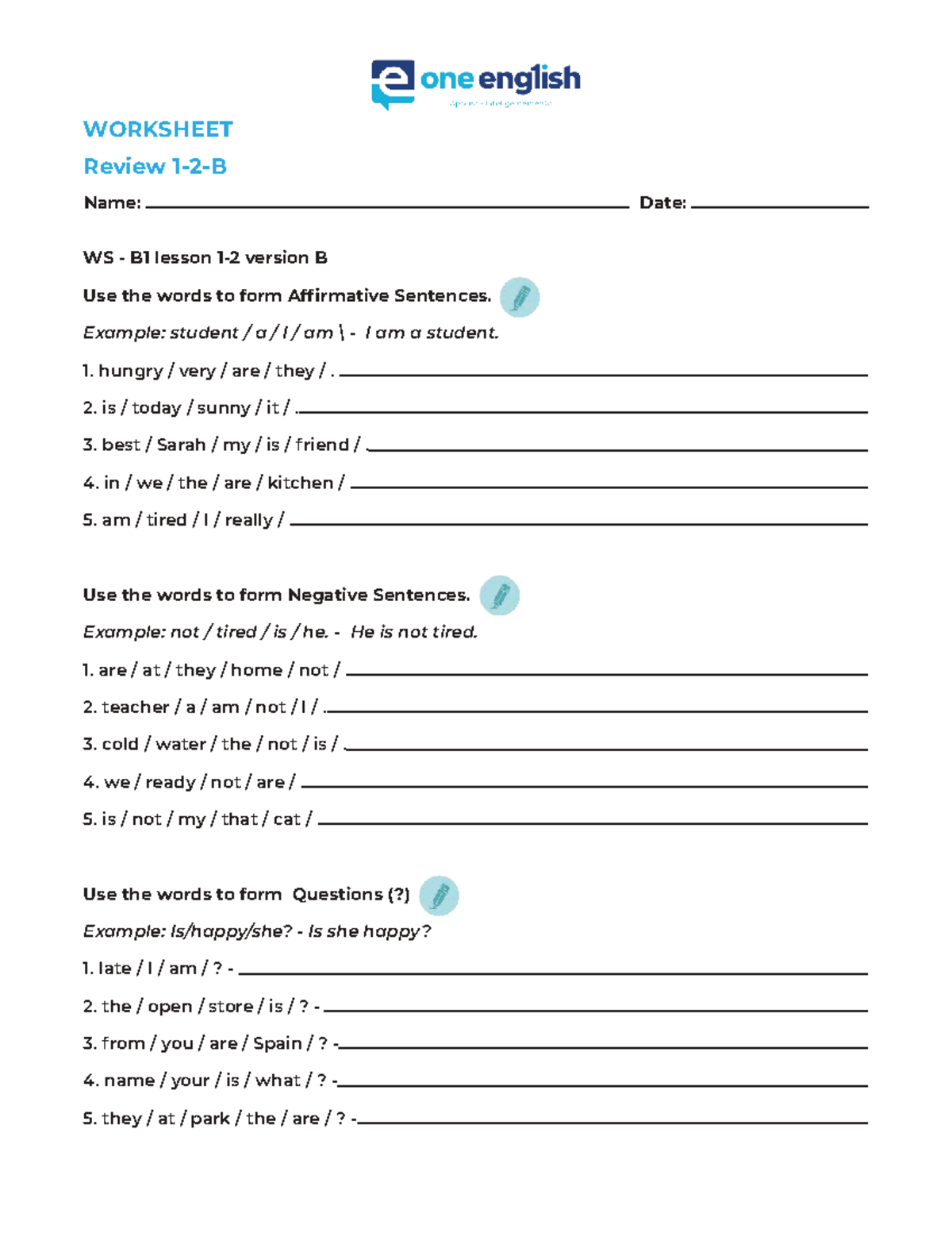 Worksheet Lessons 1-2-B: Affirmative, Negative, and Question Sentences ...