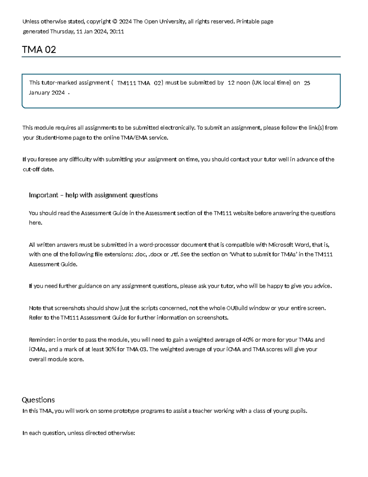 TM111 TMA 02 - Assignment Guidelines and Questions Overview - Studeersnel