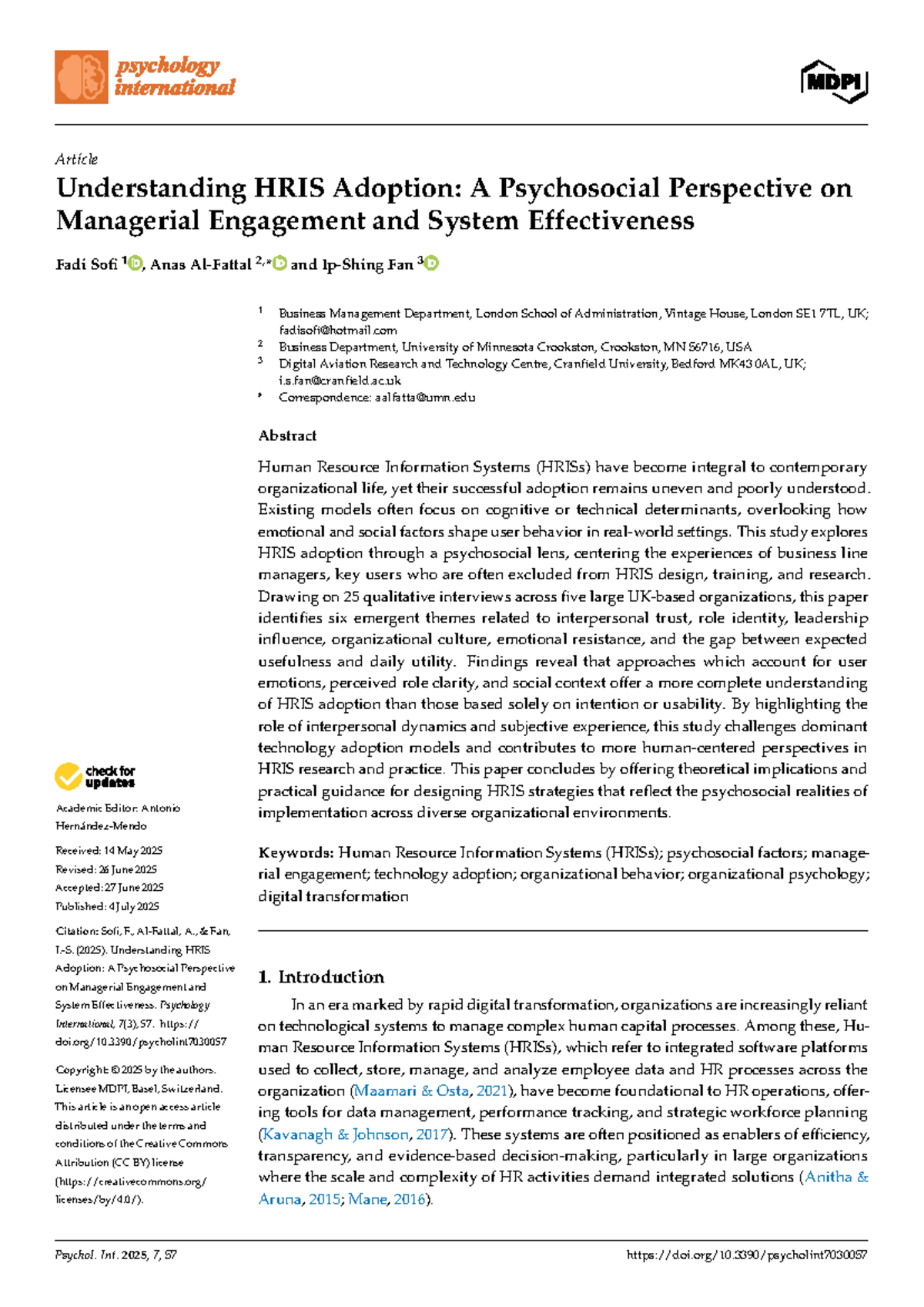Understanding HRIS Adoption: A Psychosocial Approach to Managerial ...