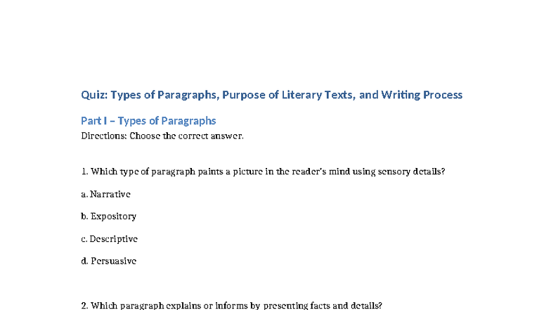 Quiz: Types of Paragraphs, Literary Texts & Writing Process - Studocu