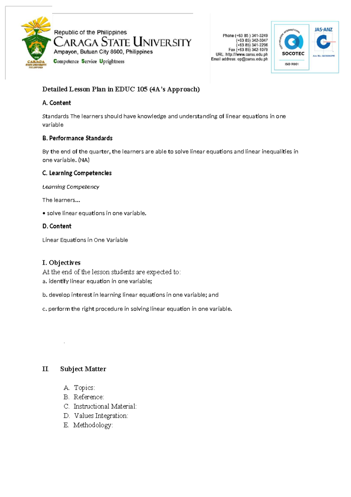 Detailed Lesson Plan on Linear Equations in EDUC 105 - Studocu