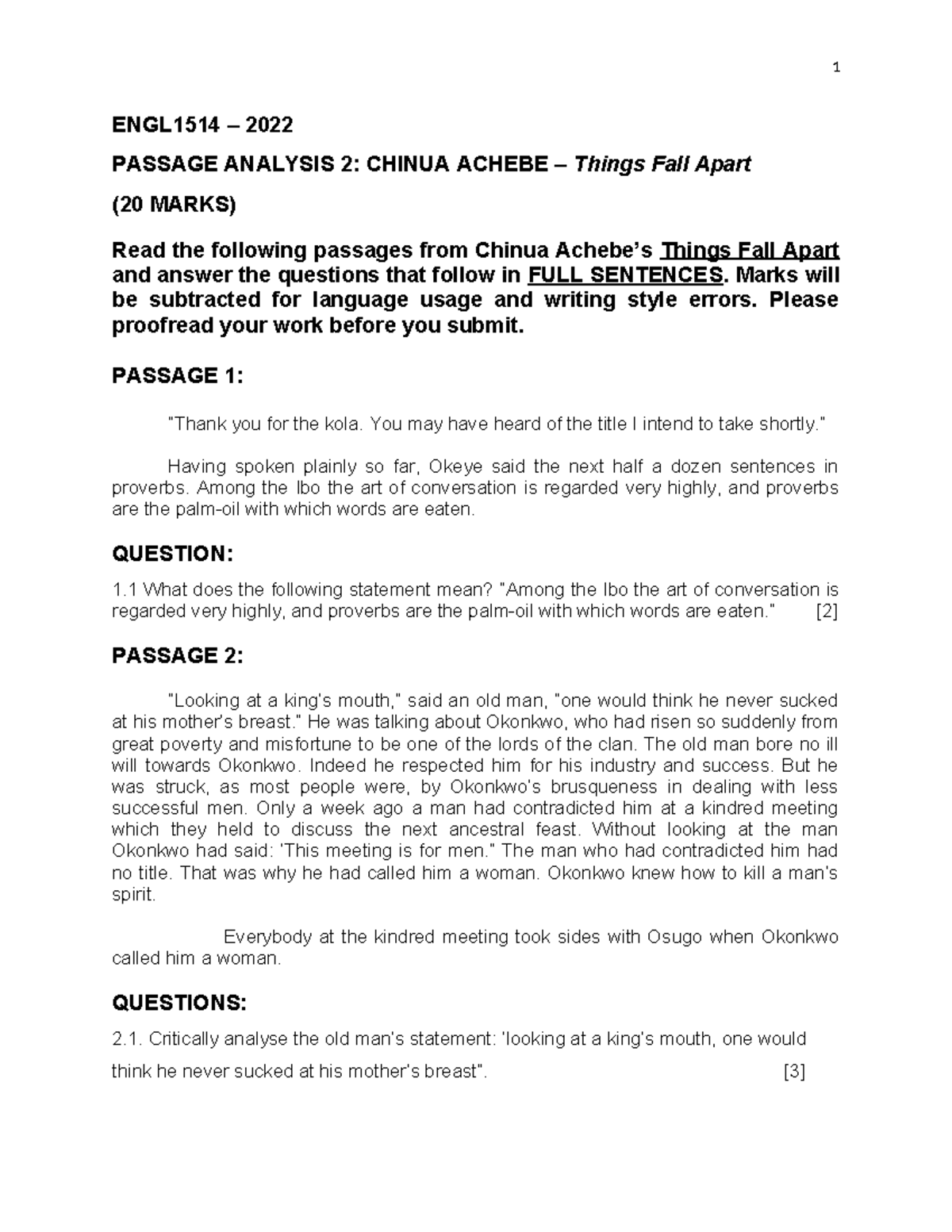 2022 ENGL1514 AFF Final Passage Analysis: Chinua Achebe's Things Fall ...