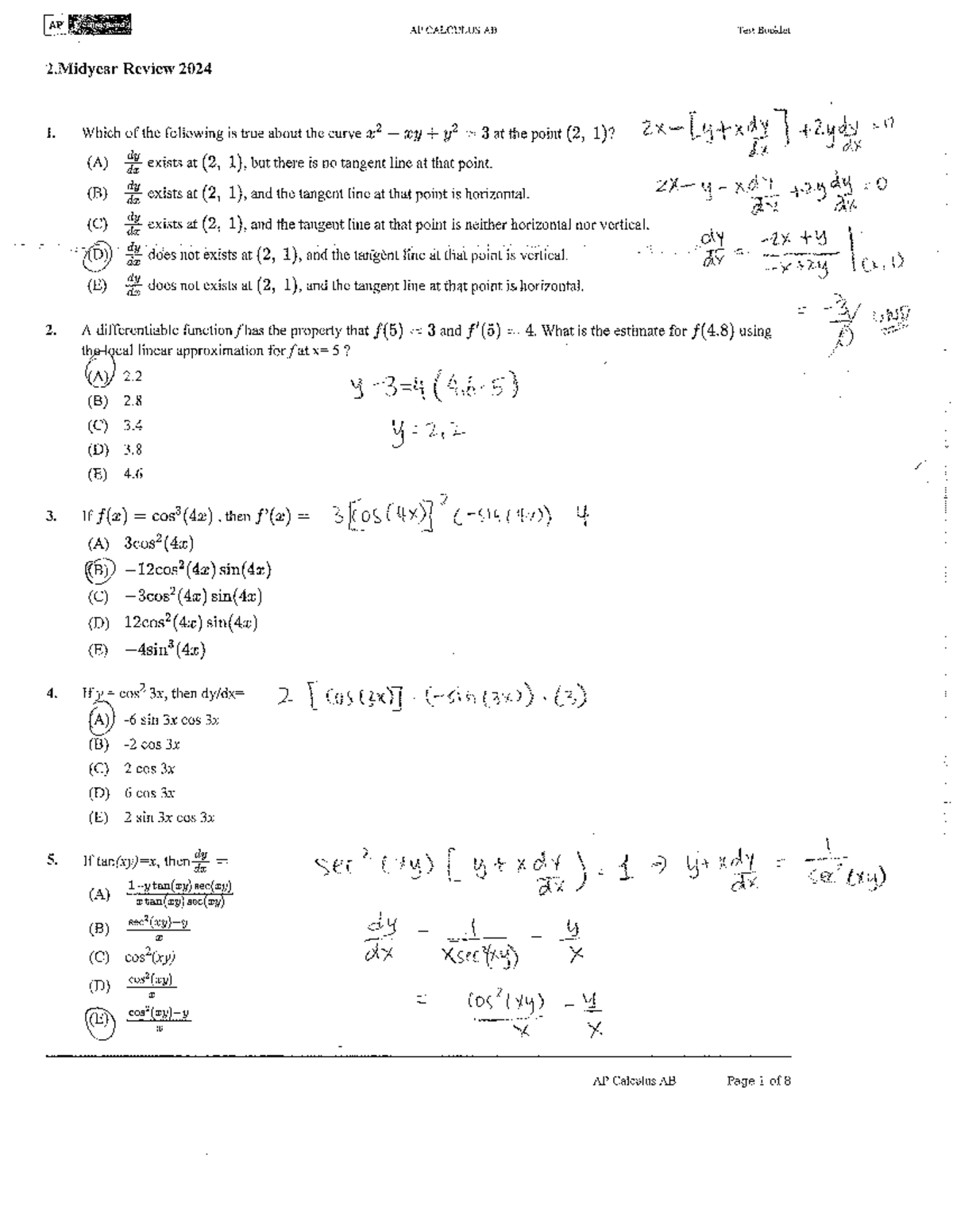 2.Midyear Review Solution - AP CollegeBoard AP CALCULUS AB Test Booklet ...