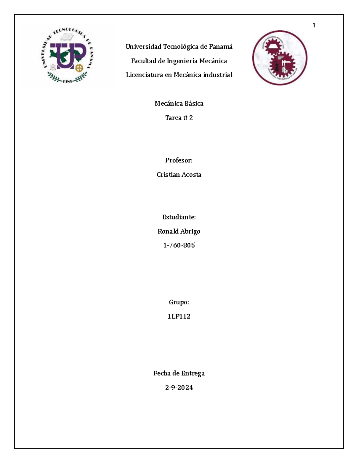 Tarea #2 - ninguna - Universidad Tecnologica de Panama Facultad de Ingenierí a Mecanica ...