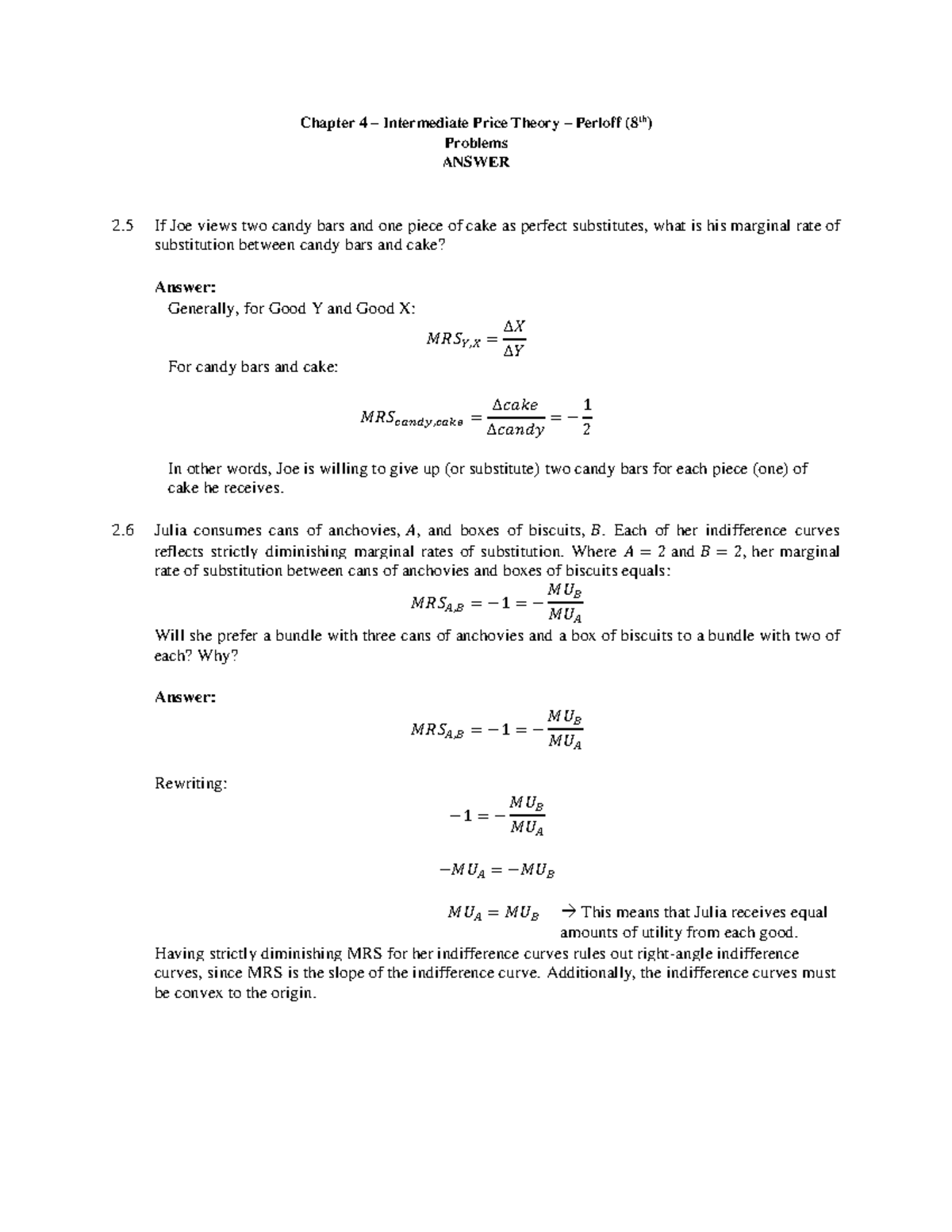 Chapter 4 Problems and Solutions: Intermediate Price Theory (Econ 301 ...