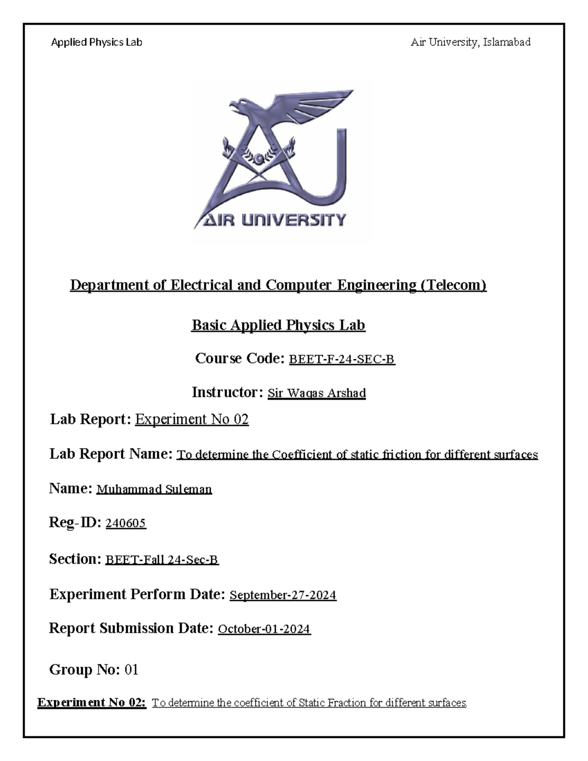 Determining Coefficient of Static Friction - BEET-F-24-SEC-B Lab Report ...