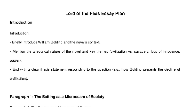 Lord of the Flies (ENG 101) Essay Plan: Themes & Analysis - Studocu