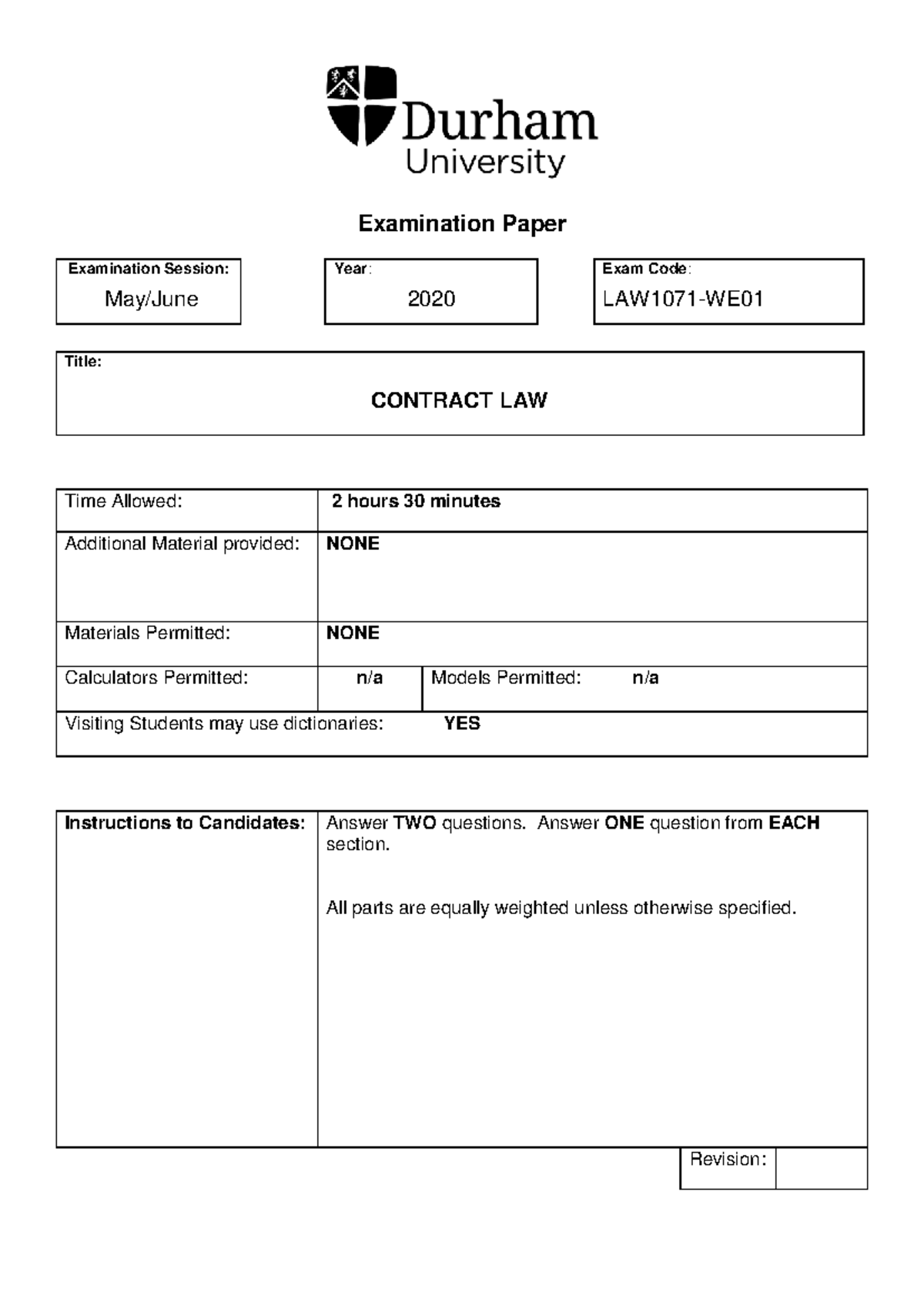 Level 1 Contract Law Exam Paper - LAW1071 WE01 May/June 2020 - Studocu