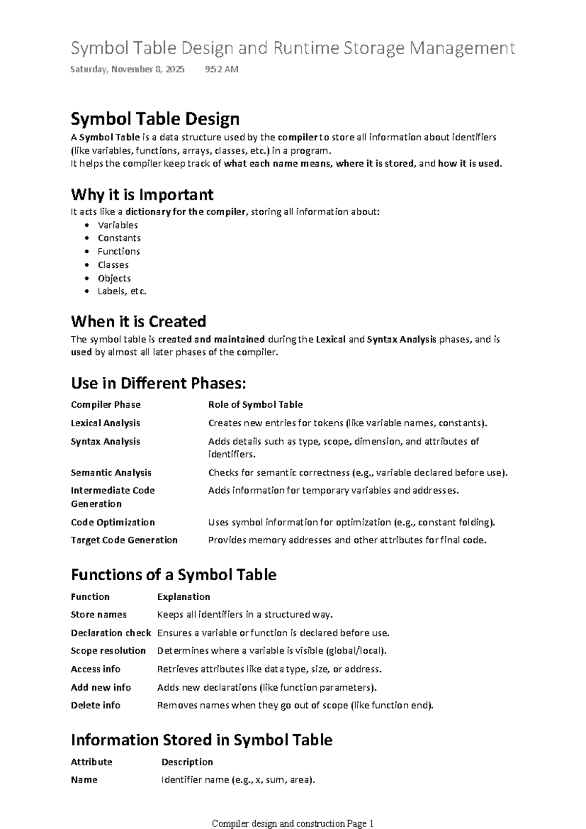 CDC 3 - Symbol Table Design and Runtime Storage Management Notes - Studocu