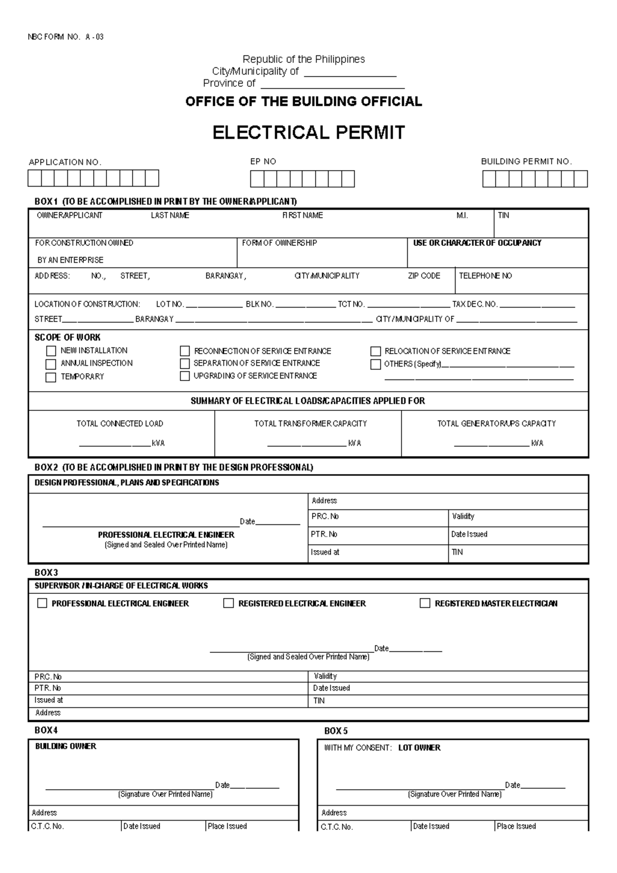 Electrical Permit Application Form - NBC FORM NO. A 03 - Studocu