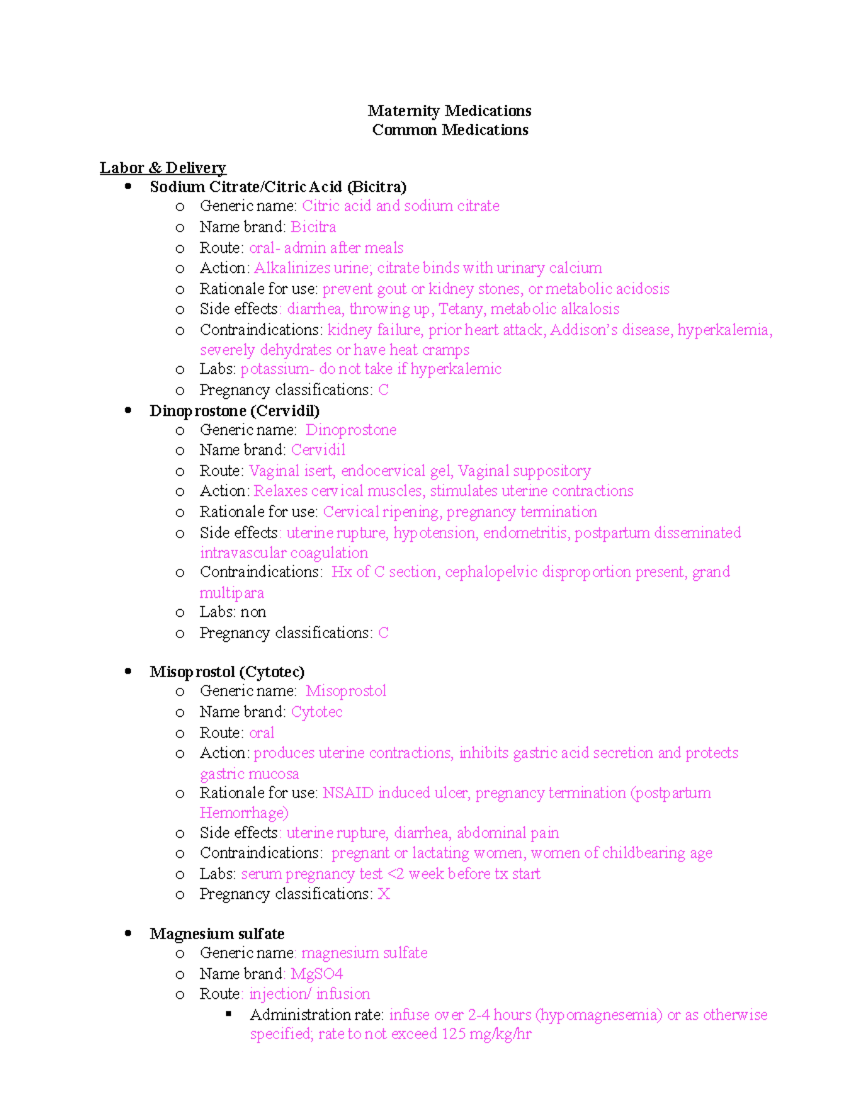Maternity and Pediatric Medication List (Midterm Study Guide) - Studocu