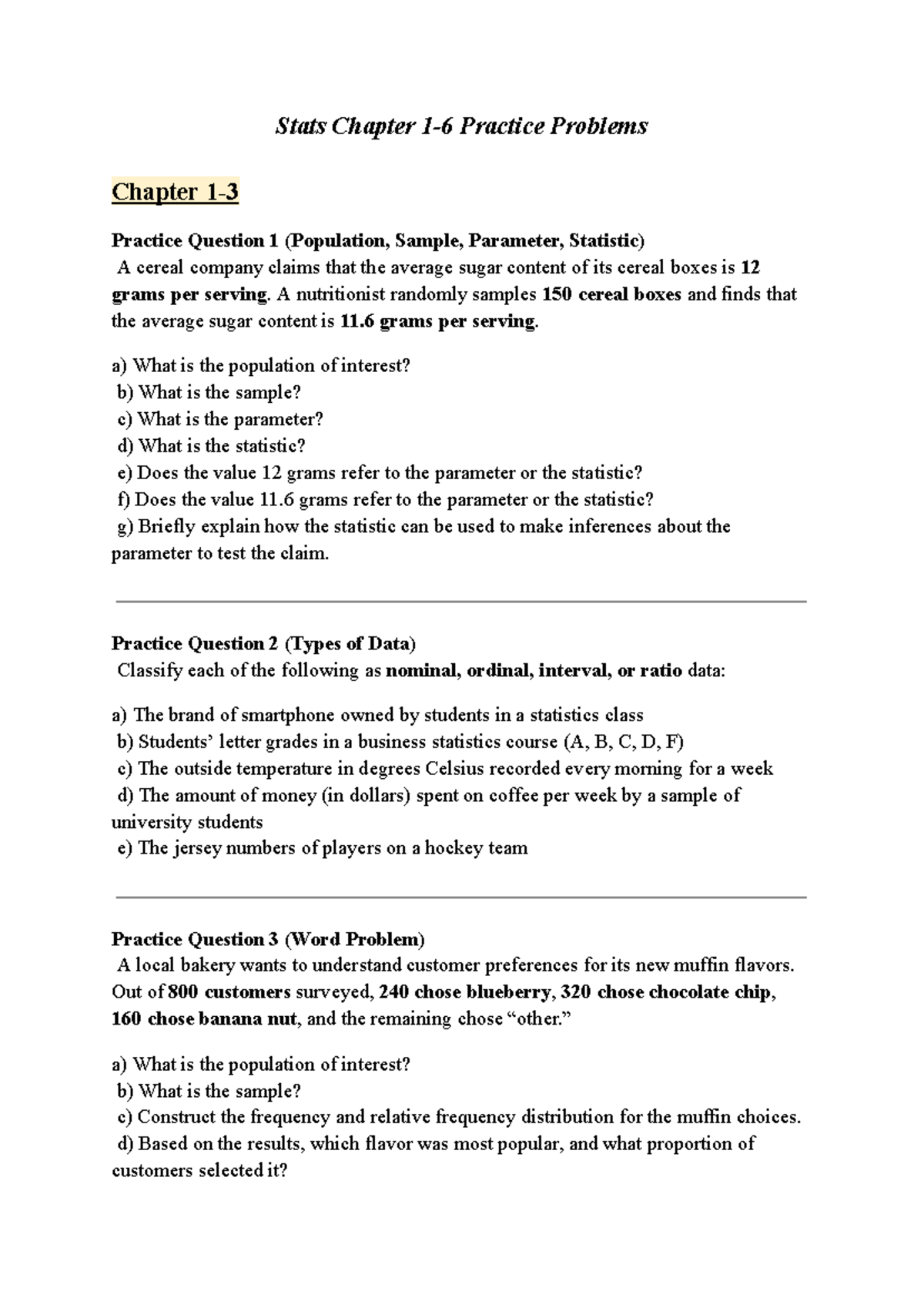 Stats 1-6 Practice Problems: Population, Sample, and Data Types - Studocu