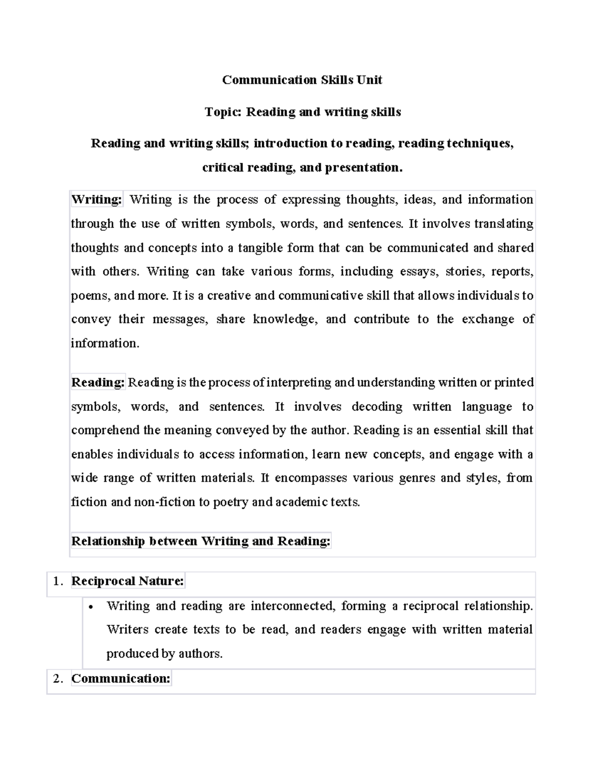 COMS 101: Notes on Reading & Writing Skills for Communication Success ...