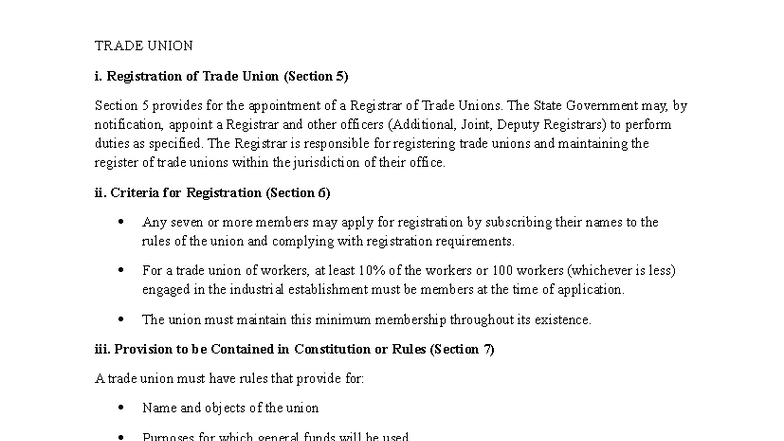 Trade Union Registration and Compliance: Key Sections Explained - Studocu