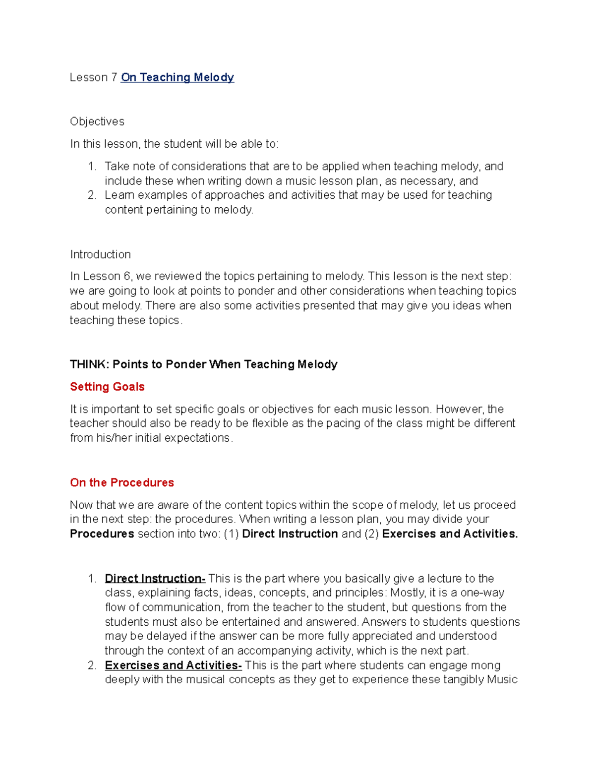 Lesson 7: Effective Strategies for Teaching Melody in Music - Studocu