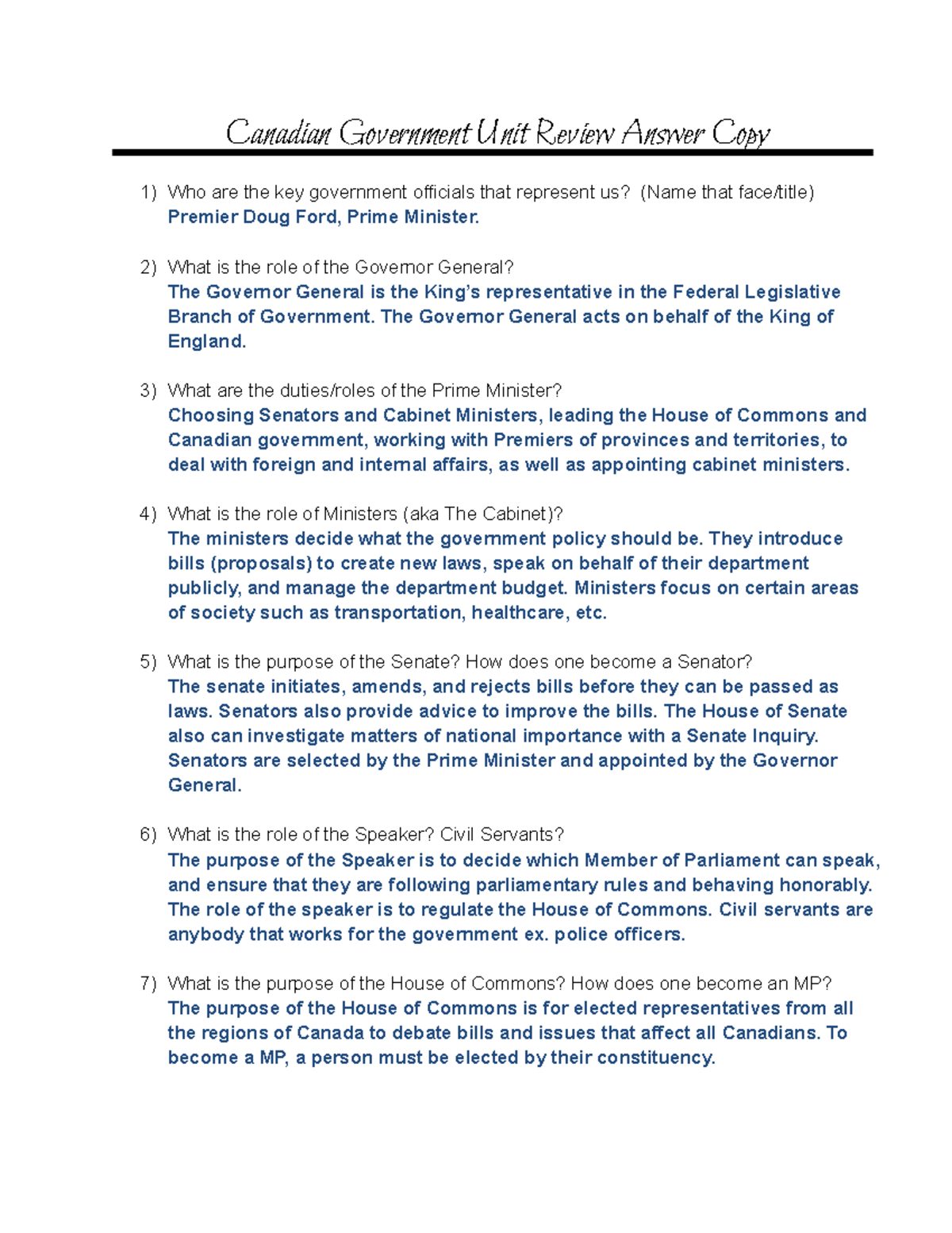 Civics Unit Test Review Questions Answer Copy - Canadian Government ...