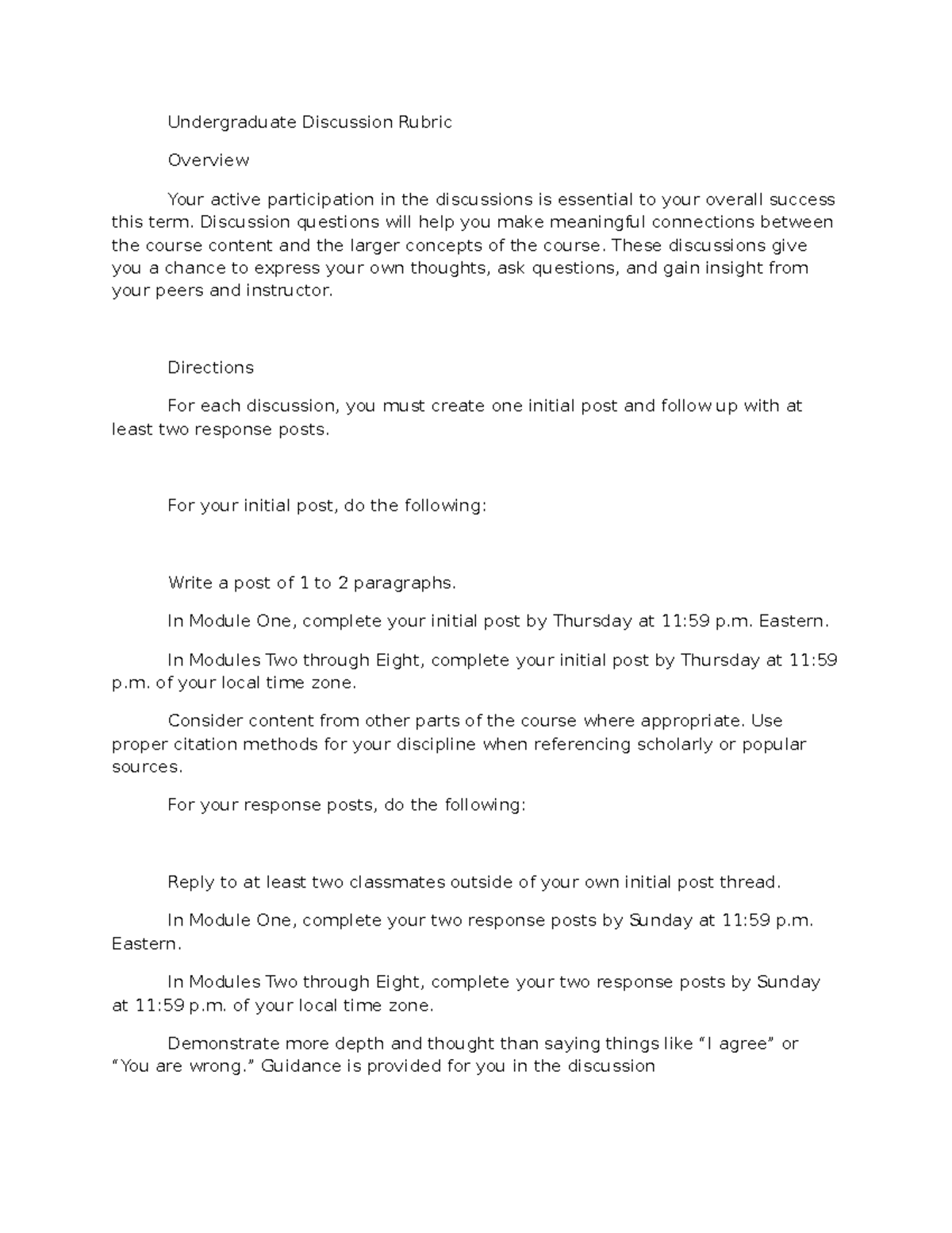 Undergraduate Discussion Rubric Overview and Guidelines - Studocu