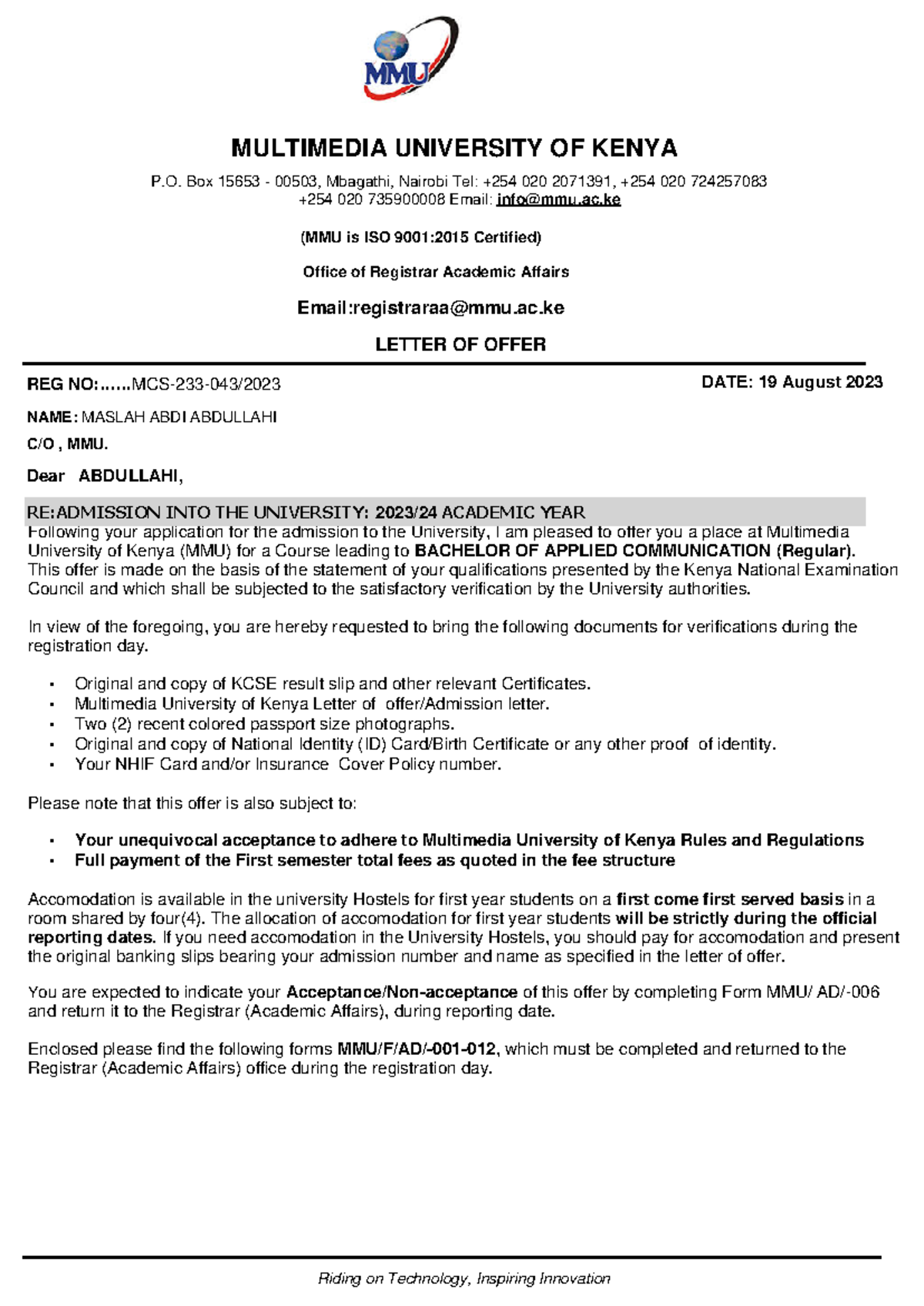 Admission Letter - Bachelor of Applied Communication - MMU 2023/24 ...