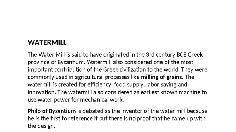 WATERMILL: The Evolution and Mechanism of Water Power - Studocu