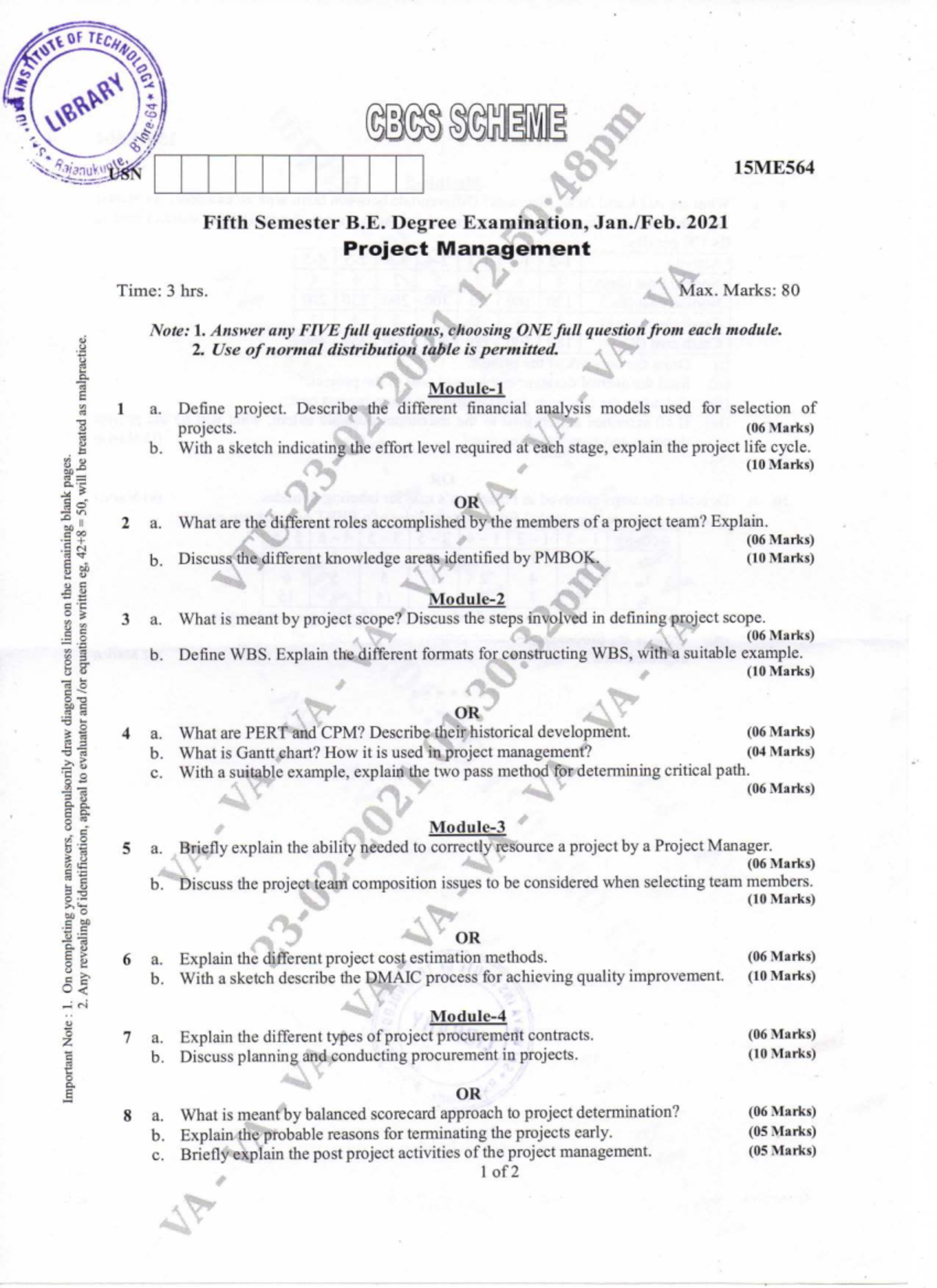 Project Management Exam Notes 15ME564 Jan-Feb 2021 - Studocu