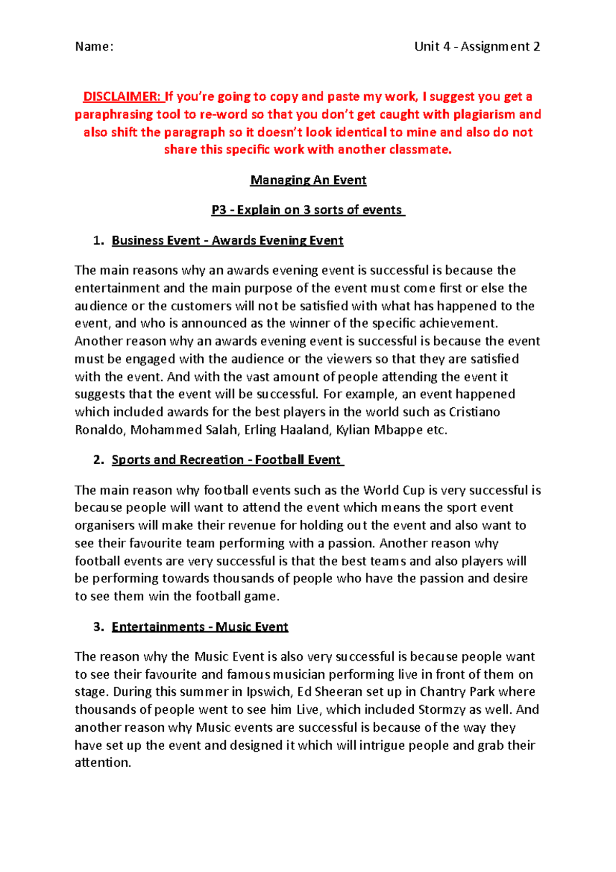 Unit 4 - Assignment 2: Event Management Insights and Planning - Studocu