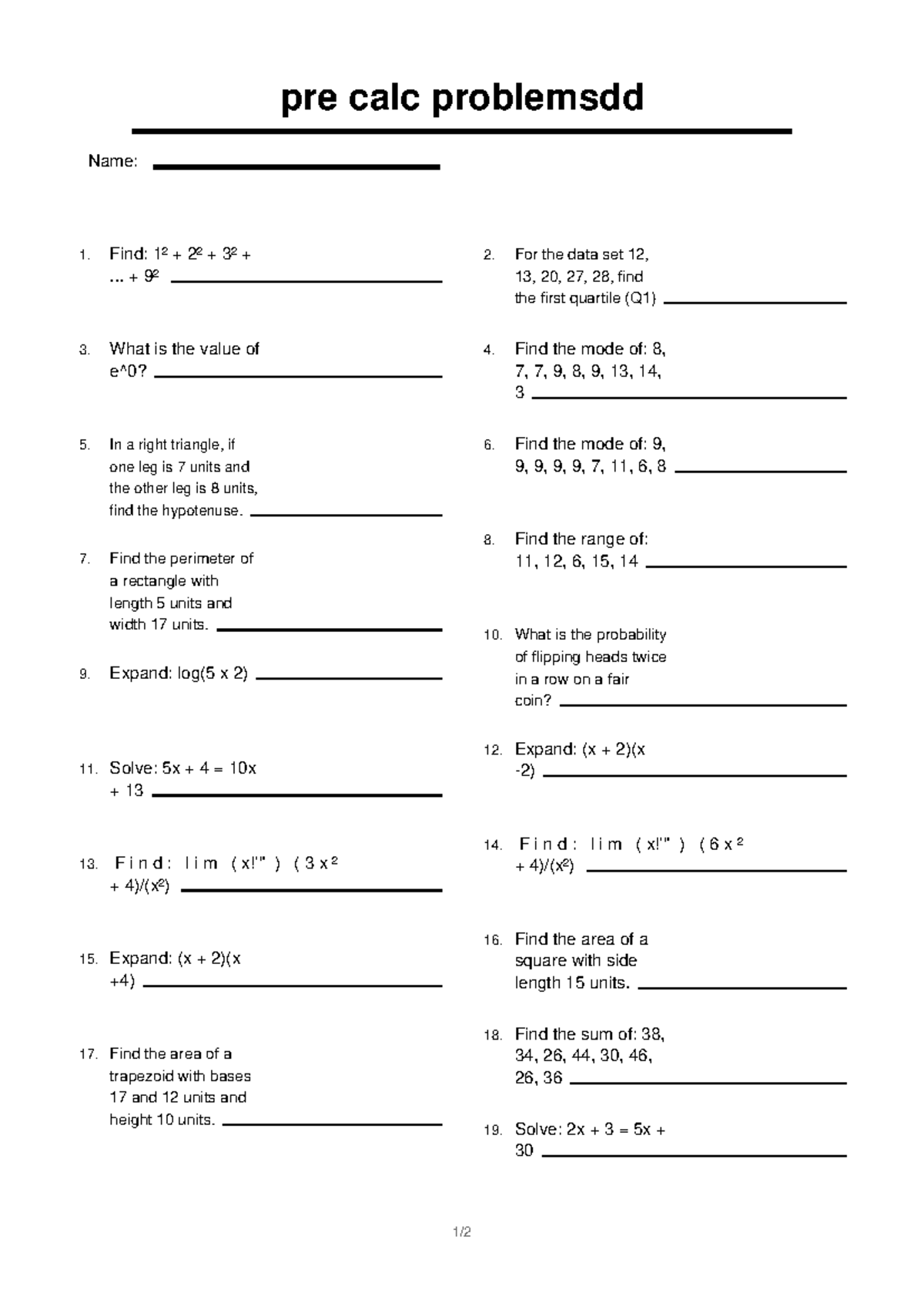 Precalc Quiz Problems: Key Concepts & Solutions - Studocu