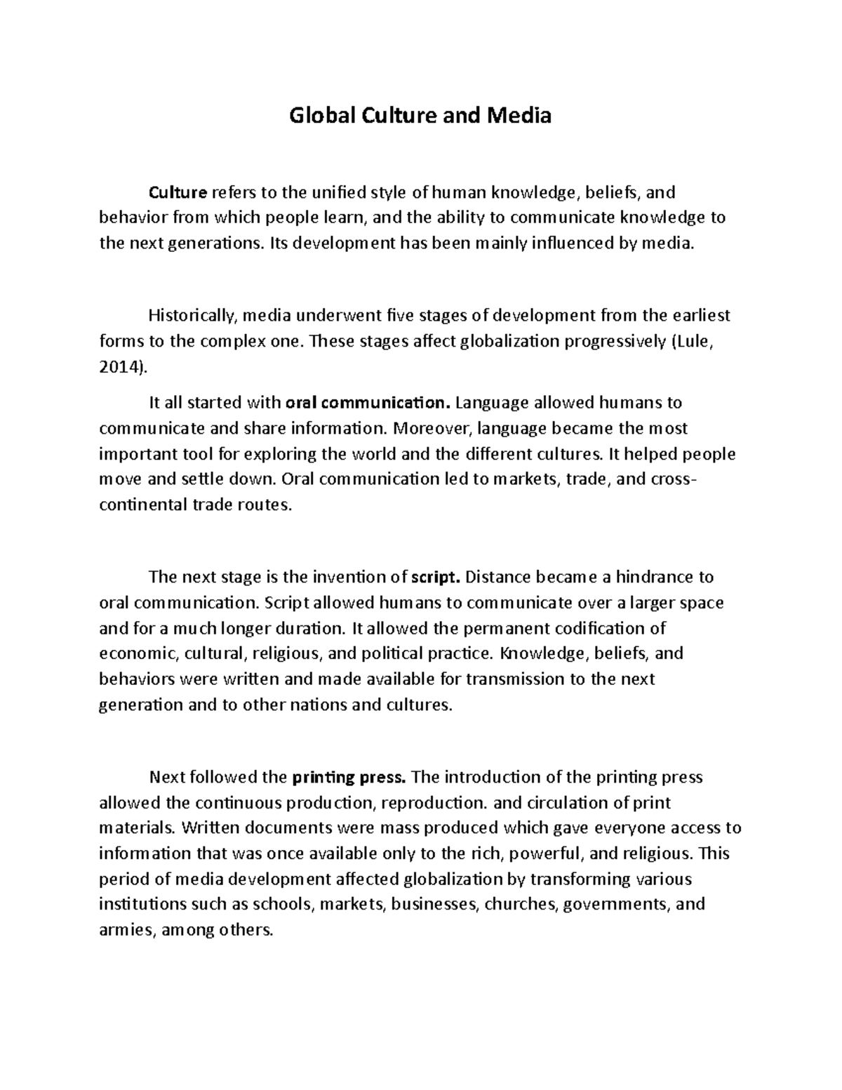 Global Culture and Media - Global Culture and Media Culture refers to ...