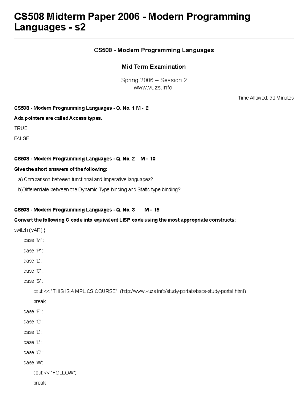 CS508 Midterm Exam 2006 - Modern Programming Languages Analysis - Studocu