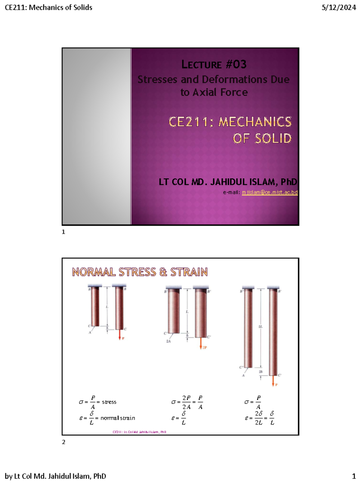 CE211: Lecture 03 - Analysis of Axial Forces and Deformations - Studocu
