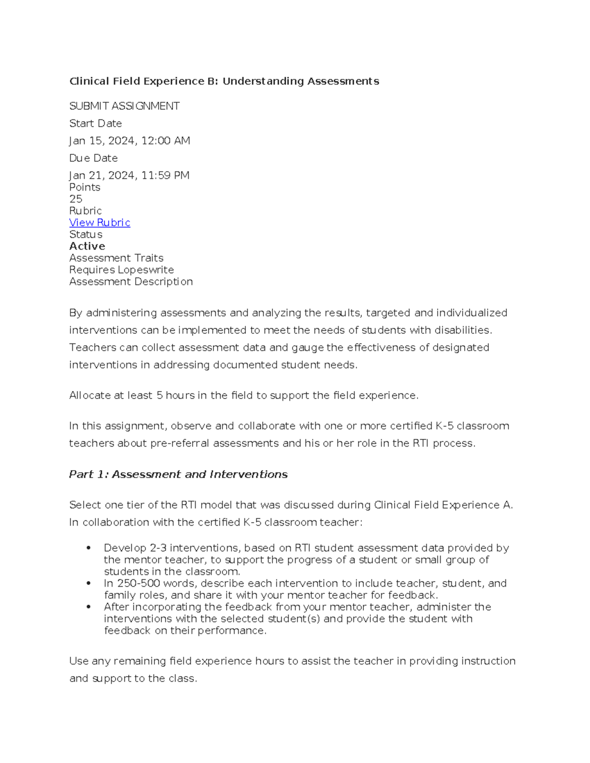 Clinical Field Experience B: Assessments and Interventions Summary ...